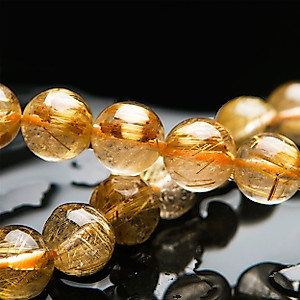 Brazil 10mm Natural Yellow Rutilated Quartz Gemstone Stretch Round Crystal Bead Bracelet