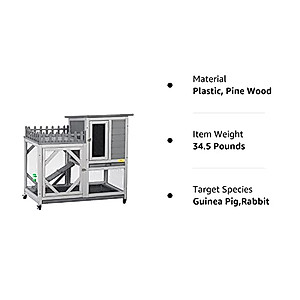COZIWOW Rabbit Hutch with Balcony,Large Rabbit Cage Bunny Cage on Wheels,Guinea Pig Coop for Indoor Outdoor, Ramp, Pull-Out Tray, Water Bottle, Gray
