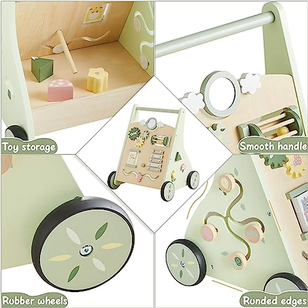 Beright Wooden Baby Walker Push and Pull Learning Activity Walker Kids’ Activity Toy Multiple Activities Center Develops Motor Skills & Stimulates Creativity(Green)