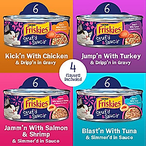 Purina Friskies Gravy Wet Cat Food Variety Pack, Stuf'd & Sauc'd with Chicken, Salmon & Shrimp, Tuna & Turkey - (24) 5.5 oz. Cans