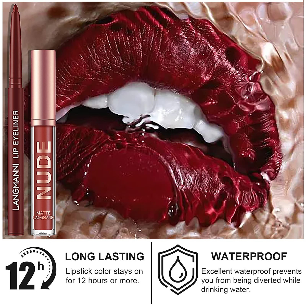 KIMIEYE 12Pcs Lip Liner and Lipstick Set, Super Long Lasting Waterproof Velvety Matte Lipstick High Pigmented Professional Lip Makeup Gift Kit for Women (12PCS,SET A)