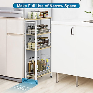 Slim Storage Cart 4-Tier Rolling Kitchen Utility Cart White Narrow Slide Out Laundry Storage Cart on Wheels and Wood Table Top Mobile Shelving Unit Organizer Trolley for Bathroom Small Space 7.3 W