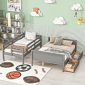 GLORHOME Twin Over Full Bunk Bed,Wooden Bunk Bed, Bunk Bed with Drawers,Slide,Grey
