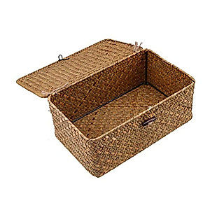 Gatuida Hand-Woven Rectangular Wicker Baskets with Lids, Seagrass Storage Baskets with Button Multipurpose Container for Desktop Home Decor, Size L