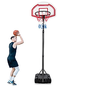 GYMAX Basketball Hoop, Outdoor Indoor 5.2-6.9 FT Adjustable Basketball Goal with Spare Net, Shatterproof Backboard, 2 Wheels, Portable Basketball Stand System for Kids Teens Adults, Gym Court Driveway