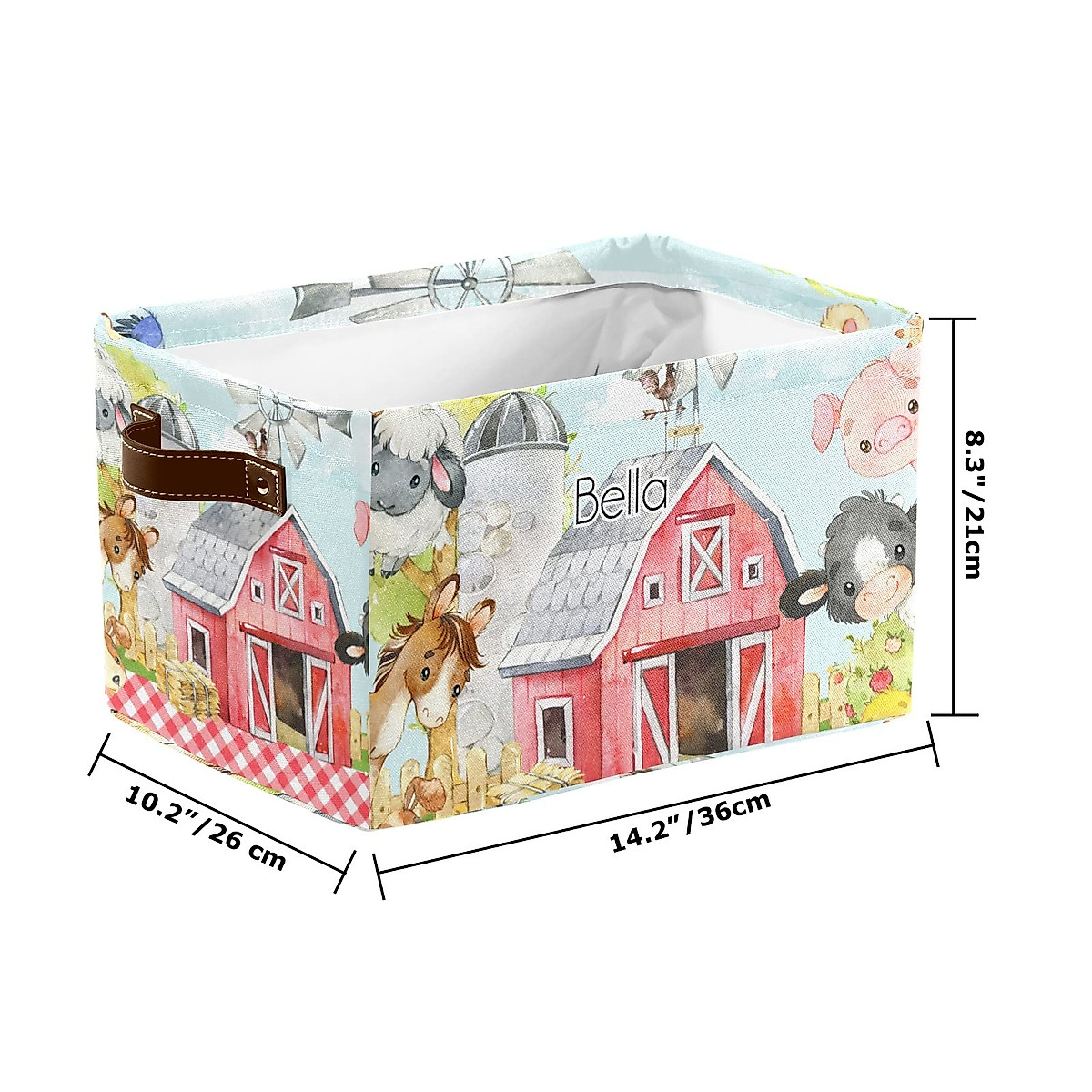 XOZOTY Personalized Lovely Farm Animal Canvas Storage Bins with Name Text Leather Handles for Office Bathroom Nursery Closet Shelf Basket?(2 Pack)