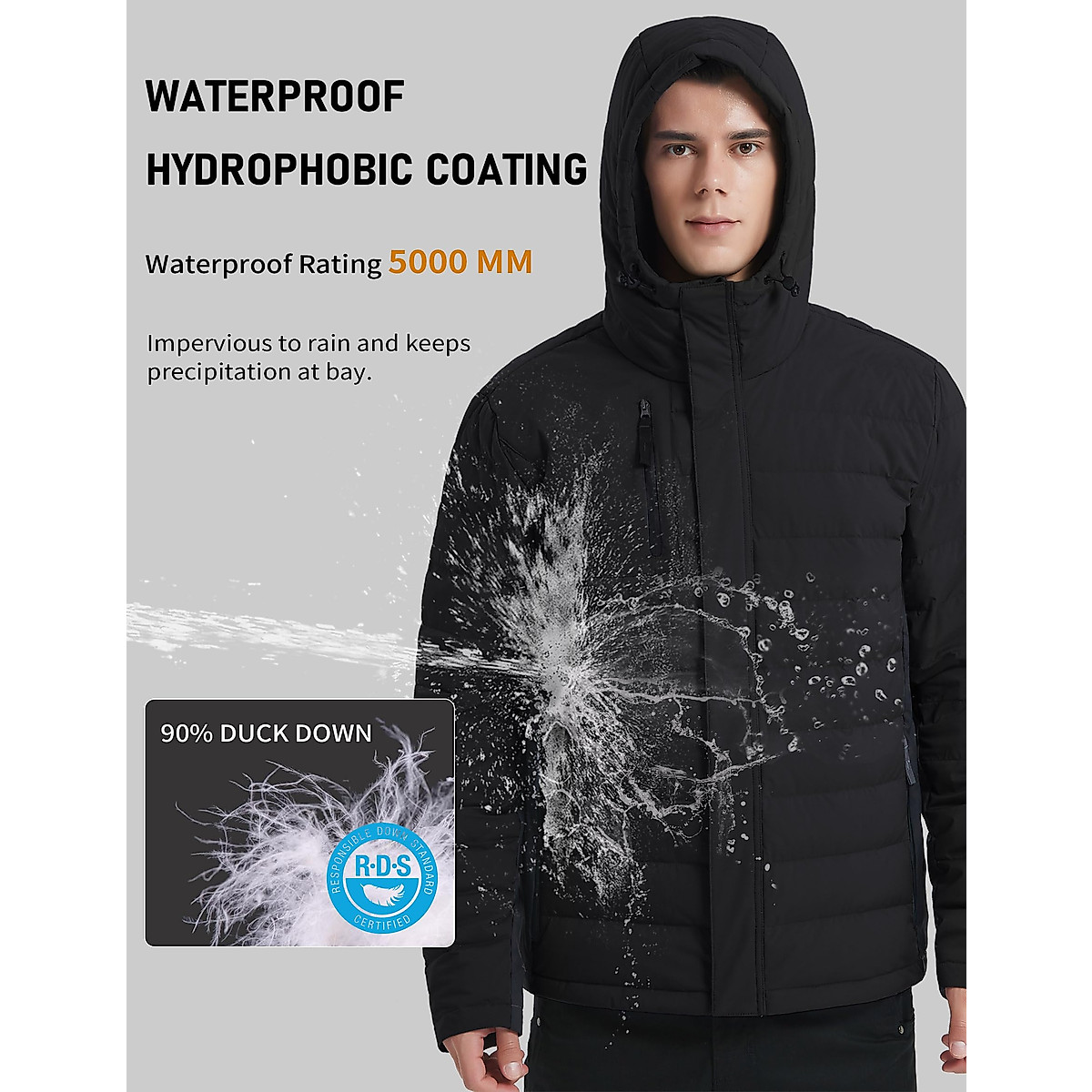 Lesmart Mens Down Jacket Hooded Puffer Jacket Lightweight Water-Resistant Winter Down Coat Black M