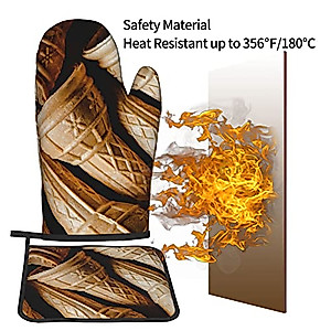 Ice Cream Oven Mitts and Pot Holders Set Heat Resistant Oven Glove and Potholder Kitchen Microwave Gloves for Baking BBQ Grilling Cooking Oven Mitts