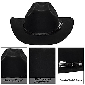 Western Cowboy Hat for Men Women - Classic Felt Wide Brim Fedora Hat with Belt Buckle Black