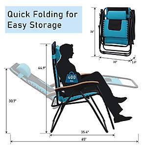 PHI VILLA XXL Oversized Padded Zero Gravity Chair, Foldable Patio Recliner, 30" Wide Seat Anti Gravity Lounger with Cup Holder, Support 400 LBS (Aqua)