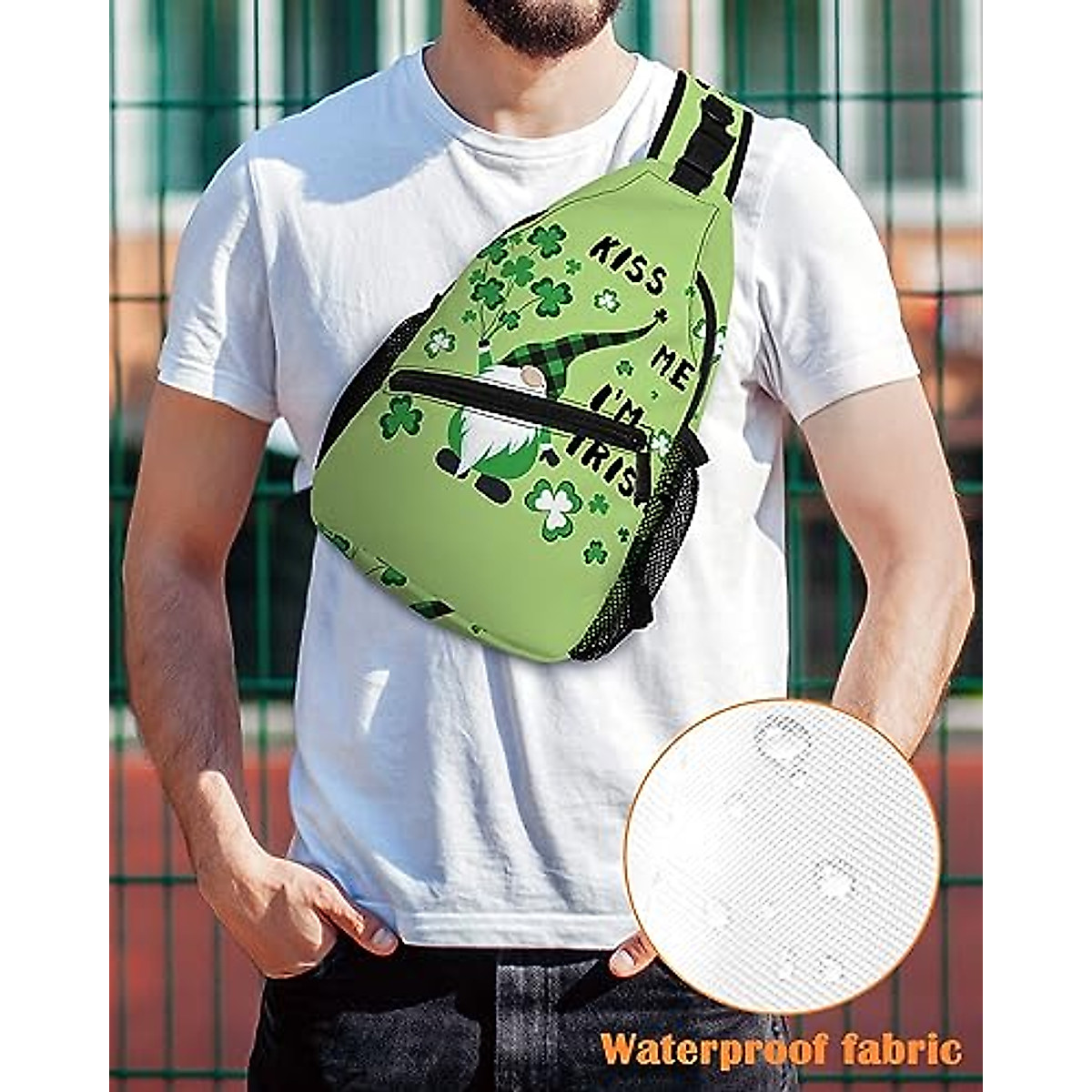 Sling Backpack, St Patrick's Day Kiss Me I'm Irish Shamrock Dwarf Green Background Waterproof Lightweight Small Sling Bag, Travel Chest Bag Crossbody Shoulder Bag Hiking Daypack for Women Men
