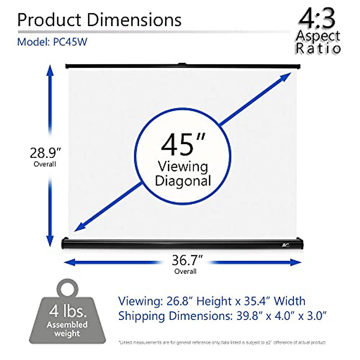 Elite Screens PicoScreen Series, Light-Weight Pull Up Manual Projector Screen, 45-inch 16:9, Portable Table-Top Pull-Up Home Theater Movie Office Classroom Fiberglass Projection Screen, PC45W, Black