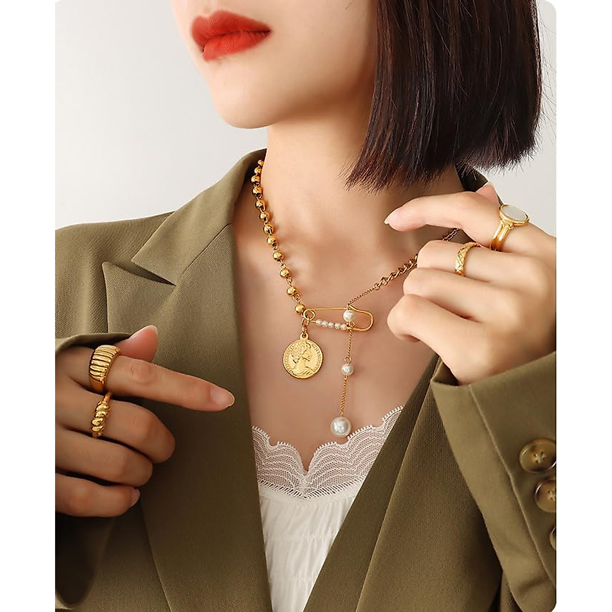 Y2K Necklace Coin Pendant Layered Necklace 18K Gold Plated Ball Splicing Chain Paper Clip Pearl Drop Fashion Y2k Choker Jewelry for Women Girl