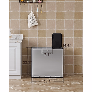 Garvee Trash Can, 15 Gallon Triple Compartment Stainless Steel Kitchen Trash Can for Recycling, 5+5+5 Gallon Plastic Inner Buckets and Quiet Close, Brushed, Airtight, Silver