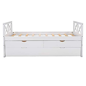 OYN Wooden Twin Multi-Functional Daybed Frame Set with X Headboard,Storage Drawers and Trundle for Children Teen Boys and Girls, White
