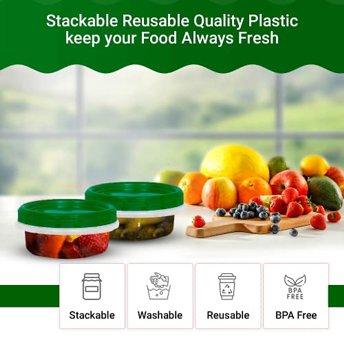 [Green - 12 Pk] Airtight Deli Containers with Lids Twist Lock Top Clear Food Storage for Meal Prep Snacks and Leftovers Freezer and Microwave Safe Stackable Leak-Resistant and 12 Pc. Set (8 Ounce)