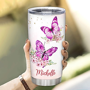 Hyturtle Personalized Gifts For Butterfly Lover - Birthday Christmas - She Is Mom Butterflies Print Custom Name Stainless Steel Tumbler 20oz With Lid - Gifts For Her Women Girl Friend Mom