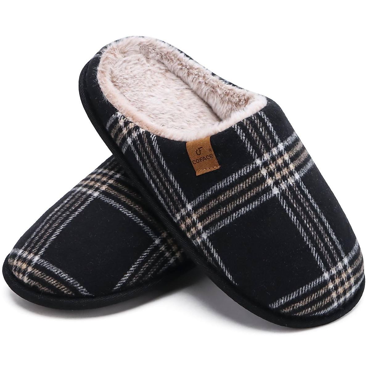 COFACE Mens Black Flano Plaid Cozy Memory Foam scuff Slippers Slip On Warm House Shoes Indoor/Outdoor With Best Arch Support Size 9