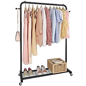 Sywhitta Clothes Rack on wheels, Clothing Rack with Bottom Mesh Storage Shelf,Sturdy Metal Frame,Rolling Garment Rack for Hanging Clothes,Coats,Skirts,39.76" L x 16" W x 64.56" H,Black