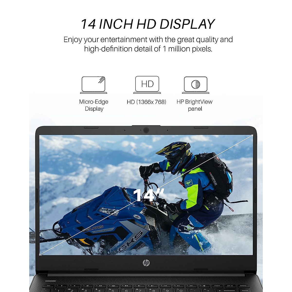 HP 2023 Newest 14 Inch Laptop Students Business, Intel Quad-Core Processor, 16GB RAM, 192GB Storage(64GB eMMC+128GB Micro SD), 12H Battery Life, Webcam, HDMI, WiFi, Win 11 S, Bundle with JAWFOAL