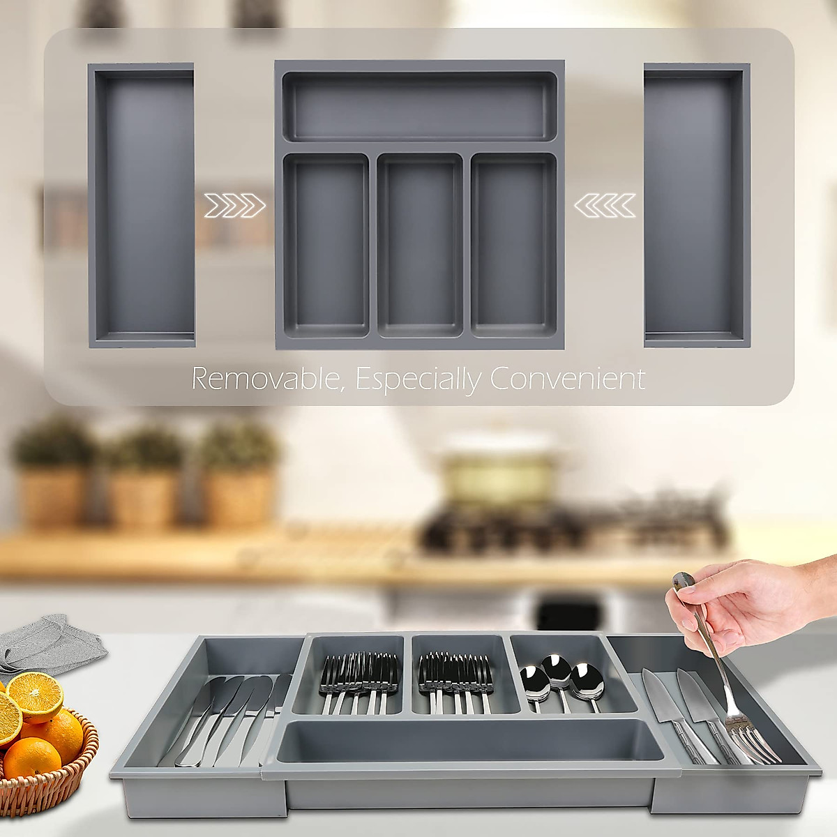 KAKUNM Adjustable Silverware Organizer | Cutlery Utensil Organizer Silverware Tray for Drawer Apartment Essentials, Convenient Flatware Kitchen Organization and Storage for Spoon Knife, Gray