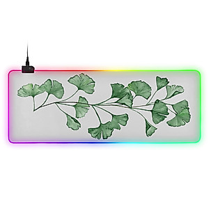 Large RGB Gaming Mouse Pad Ginkgo Biloba Known Ginko Gingko Leaves Glowing Extended Mousepad 35.4x15.7in, Soft Anti-Slip Rubber Base Luminous Mouse Mat for Pc Laptop, Gaming, Office, Home
