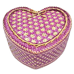 Bamboo Sticky Rice Serving Basket 6 x 5.2 Inch, Kratip, Intricately Woven Container, Heart-Shaped, Pikul Flower Weave Pattern, Thailand Handmade (Purple)