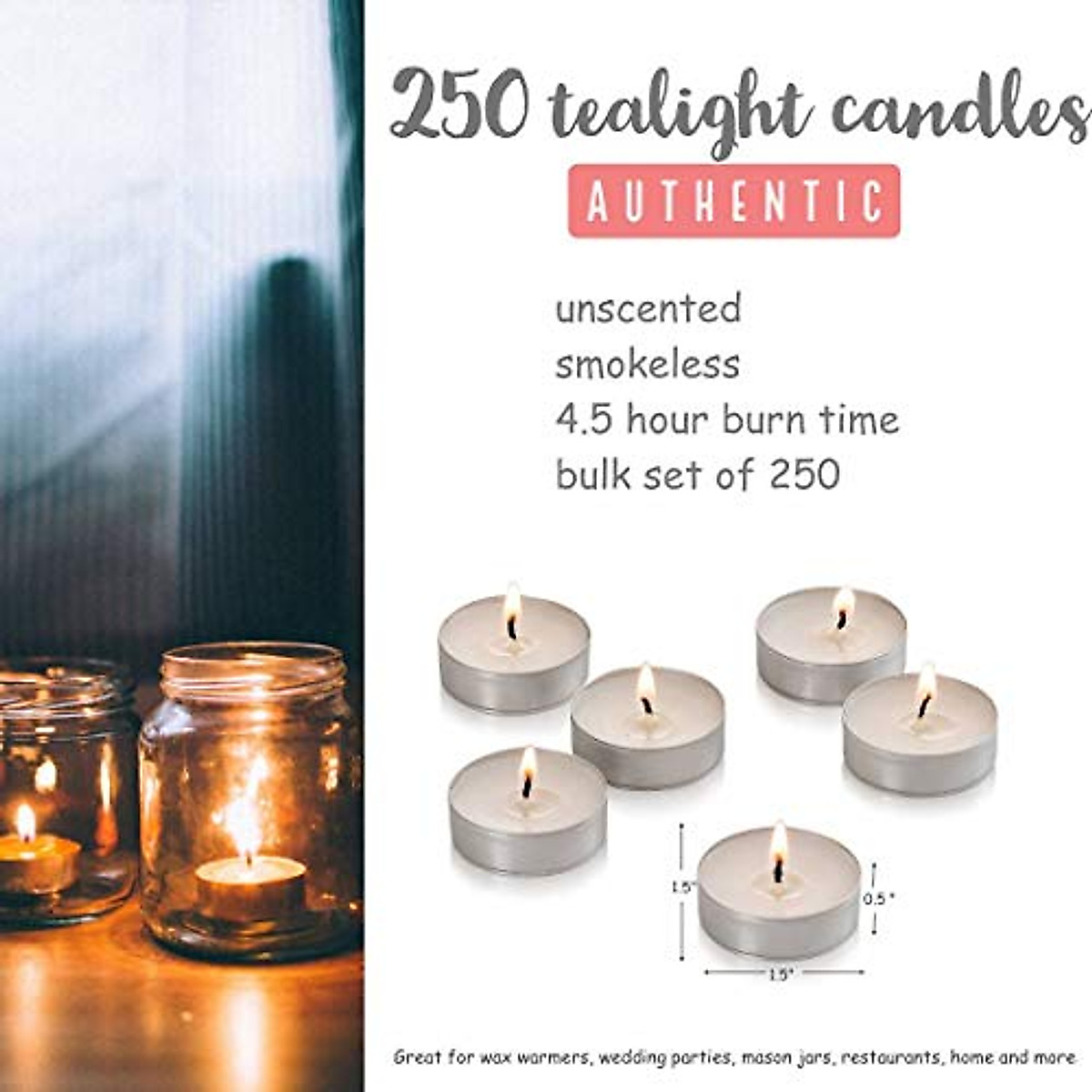 Bulk Set of 250 Tealight Candles in Metal Cups (White) 4.5 Hour Burn Time ( Unscented Tea Lights )