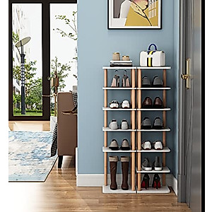 LUCKNOCK 7 Tiers Vertical Shoe Rack, Narrow Shoe Organizer, Stylish Wooden Shoe Storage Stand, Space Saving Shoe Shelf, Shoe Tower, Free Standing Shoe Racks for Entryway, No-Tool Assembly, White.