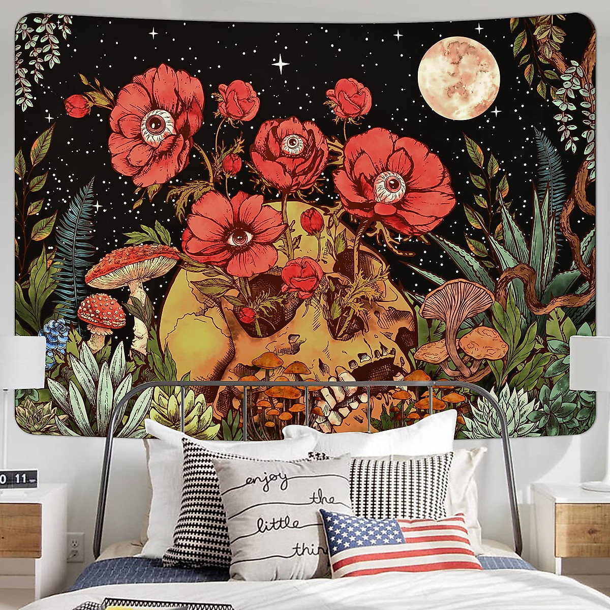 Uspring Skull Floral Tapestry Flowers Skeleton Tapestry Moon Garden Tapestry Mushroom Plants Tapestry Trippy Vintage Tapestry Wall Hanging for Room (59.1 × 82.7 inches)