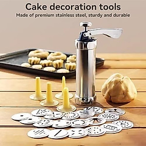 Cookie Press, Stainless Steel Churro Maker Machine Biscuit Press Cookie Gun Set with 20 Decorative Molds and 4 Nozzles for DIY Biscuit Maker 8.27 x 6.10in Cookie Press Machine Cookie Press Gun