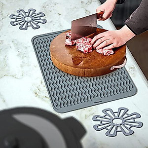 HowiseAcc Silicone Dish Drying Mat and 2 Trivets Mat,Drying Mat For Kitchen counter, Heat Resistant Mat,Easy Clean drainboard mat, Non-Slip Dish Drainer Pad for Kitchen Counter (L(16"×12"), Gray)