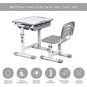 BABY JOY Kids Desk and Chair Set, Height Adjustable Child Desk Set w/Tilt Desktop, Pull Out Drawer Storage, Metal Hook, Multifunctional School Student Study Desk Chair for Boys & Girls (Grey)