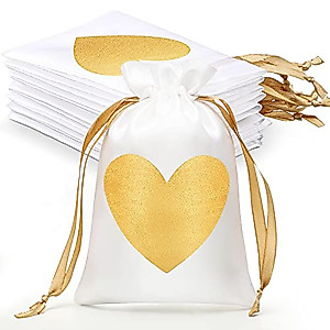 50 Pcs Heart Satin Gift Bags with Drawstring 4 x 6 Inch White Satin Gift Bags Jewelry Pouches Candy Party Decor Bags for Wedding Baby Shower DIY Craft Soap Makeup