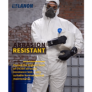 LANON Nitrile Chemical Resistant Gloves, Reusable Heavy-Duty Rubber Gloves with MicroFoam Textured Palm, Acid, Alkali and Oil Protection, Black, Large