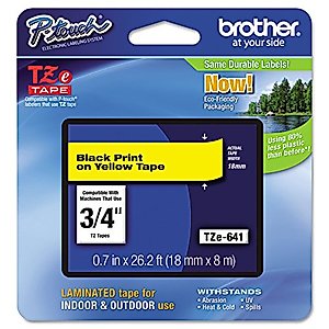 Brother Tze641 Tze Standard Adhesive Laminated Labeling Tape, 3/4-Inch W, Black On Yellow
