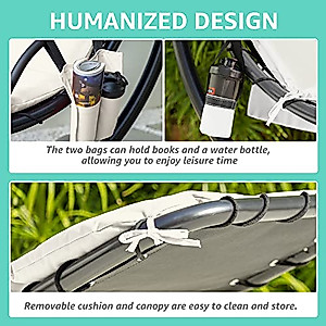 Fundouns Outdoor Hanging Lounge Chair with Stand, Patio Curved Steel Chaise Swing with Removable Olefin Canopy and Cushion,Off-White