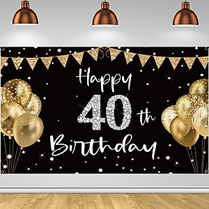 Holkcog 40th Birthday Decoration Women - Black Gold 40th Birthday Banner Background 40th Birthday Party Photography Background Happy 40th Birthday Banner 40th Perfection Birthday Decoration Women Men…