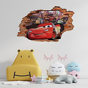 3D Cartoon Cars Movie Decal Wall Stickers,Car Removalble Break Through The Wall Decal,Vinyl Murals Car Poster for Children Bedroom Living Room