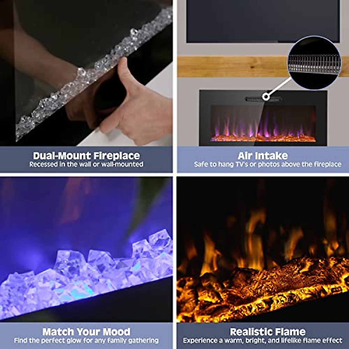 Prominence Home LED Slim Design Electric Fireplace Insert and Wall Mounted Fireplace with 1500 Watt Heater, Log & Crystal Ember Options, Adjustable Realistic Flame and Remote Control, (36 Inch)