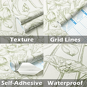 Vinjiasin Peel and Stick Wallpaper Green Floral Wallpaper Removable Wallpaper Self Adhesive Flower Leaf Contact Paper Lotus Wall Paper for Bedroom Bathroom Wallpaper Wall Covering 17.32"x 78.7"