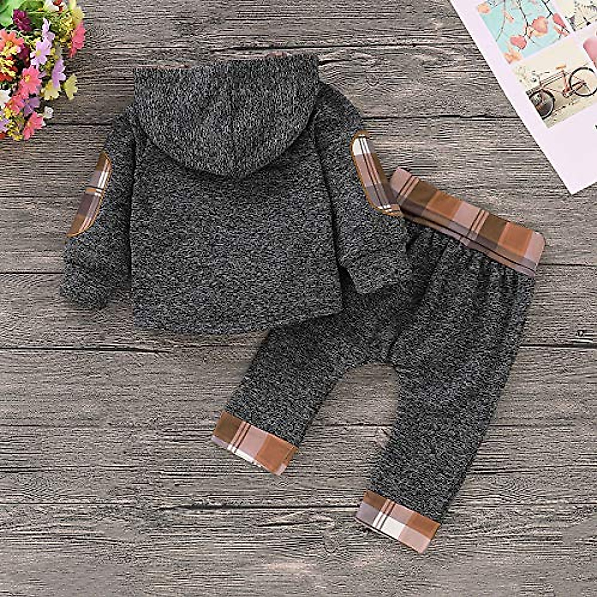 VOLUOVO Baby Boy Clothes Newborn Boy Outfits Infant Clothing Plaid Pocket Hooded Sweatshirt Long Pants Toddler Clothe(GreyOrange/90)