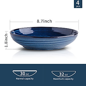 Hasense Ceramic Pasta Bowls Set of 4, 32 Ounce Salad Serving Bowls for Kitchen, 8.7 inch Large Shallow Bowls for Pasta Salad Dinner Soup, Microwave Dishwasher Safe, Blue