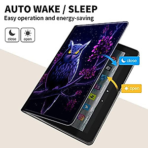 Case for Amazon Kindle Fire 7 Tablet (12th Generation 2022 Release) 360 Degree Rotating Swivel Stand PU Leather Cover with Auto Wake Sleep, Purple Owl