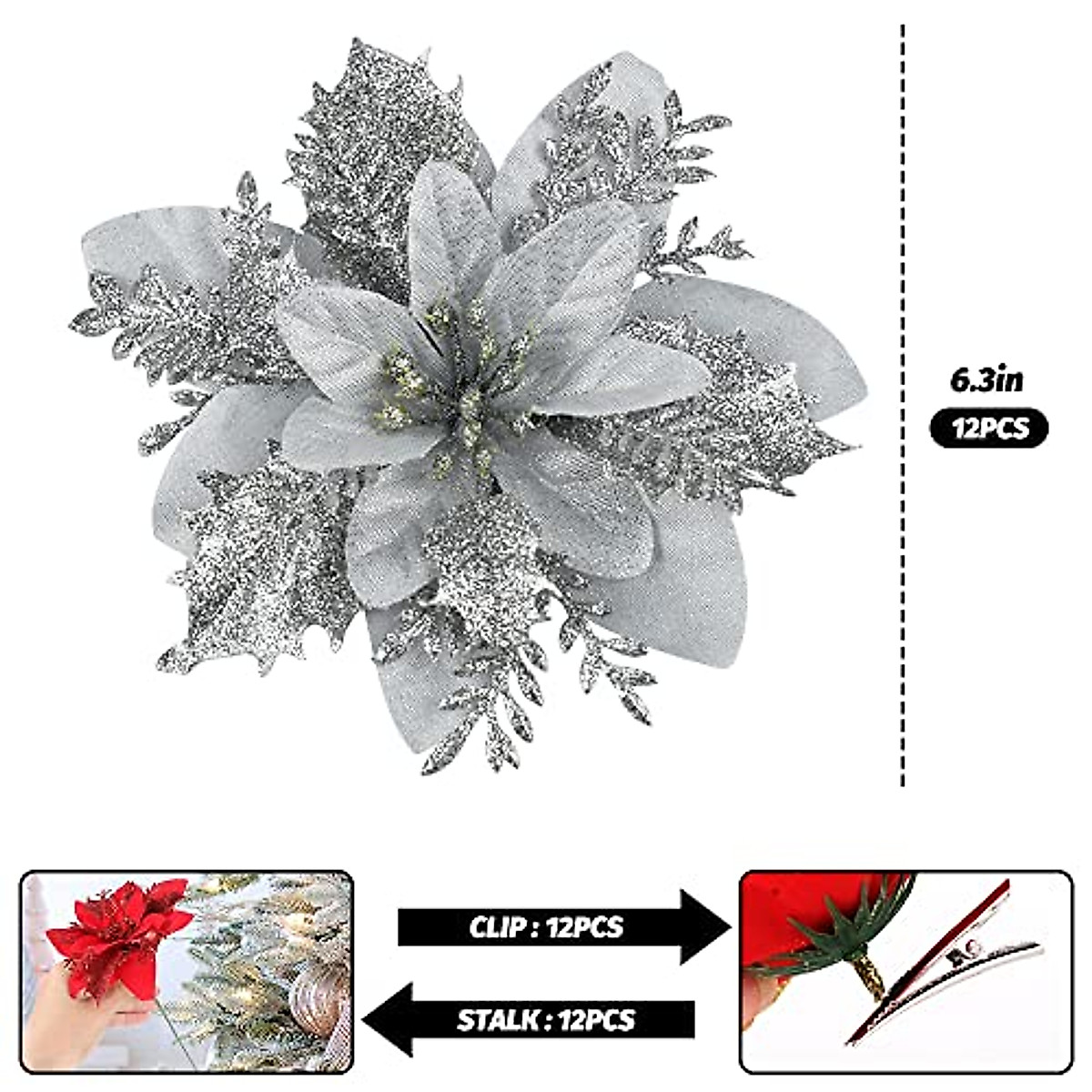 Vanleonet 12 PCS Christmas Glitter Artificial Poinsettia Flowers, Christmas Flowers Decorations, Glitter Poinsettia Tree Ornaments for Christmas Wreath Wedding Xmas Tree New Year Decorations