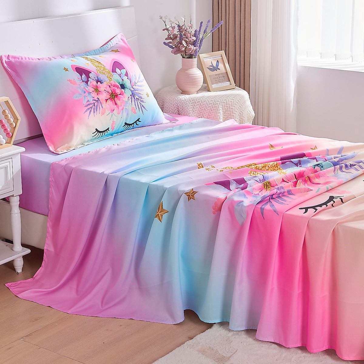 VIVILINEN Twin Size Sheet Set 3 Piece Rainbow Unicorn Kids Bed Sheets Set for Girls Kids Bedding Sheets Toddler Twin Bedding Set Include Flat Sheet, Deep Pocket Fitted Sheet and Pillowcase