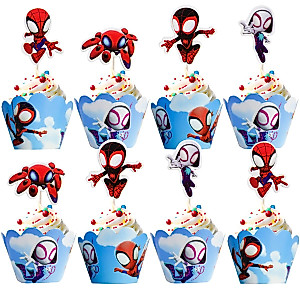 12pc Spidey and His Amazing Friends Cupcake Topper And Cupcake Wrapper , Birthday Party Cake Decorate Kids' Party Cake Decorate Supplies