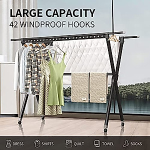 HWAJAN 90 Inches Folding Clothes Drying Rack Indoor Outdoor-Aluminum Collapsible Clothing Drying Racks for Laundry-Heavy Duty Foldable Clothes Dryer Rack with 42 Windproof Hooks,Large,Black