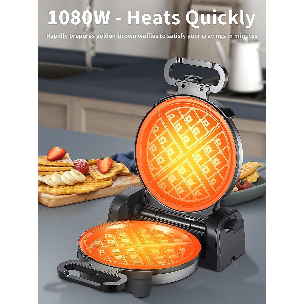Waffle Maker, Yabano Belgian Waffle Iron with 180°Rotating Design, Non-Stick Plate, Cool Touch Handle, 1080W Fast Heating Waffle Machine for Breakfast, Snacks