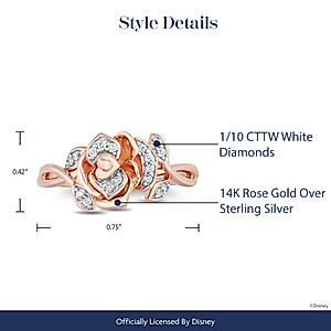 Jewelili Enchanted Disney Fine Jewelry 14K Rose Gold Over Sterling Silver 1/10 Cttw White Round Diamond Belle Rose Ring Size 9